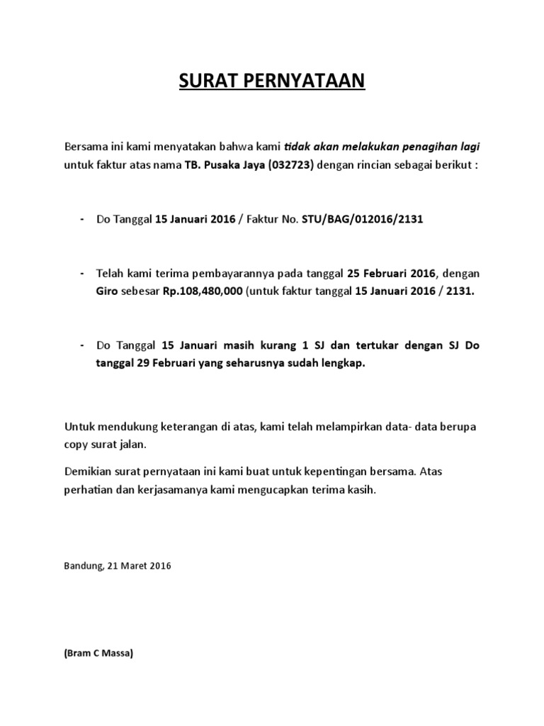 Surat Pernyataan Tagihan | PDF