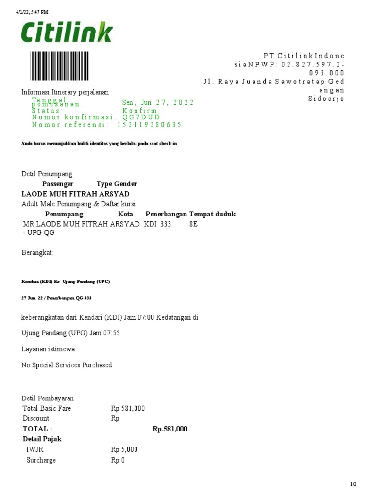 Tiket Citilink - Qg7dud | PDF