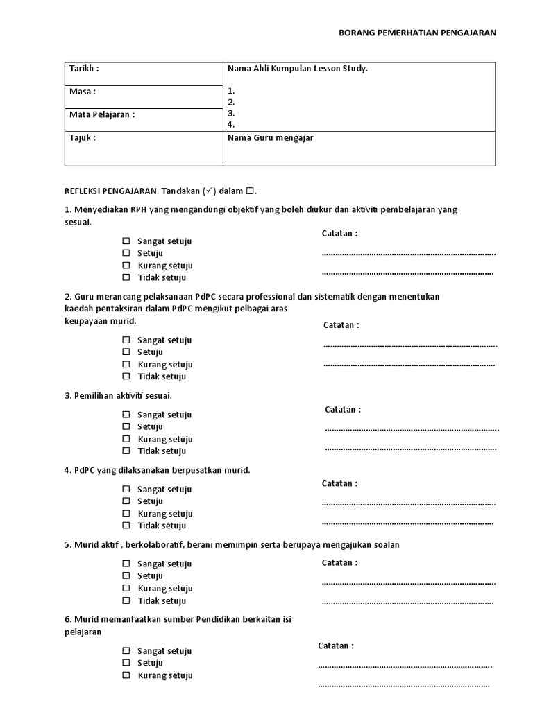 Borang Pemerhati Kegiatan Lesson Study | PDF