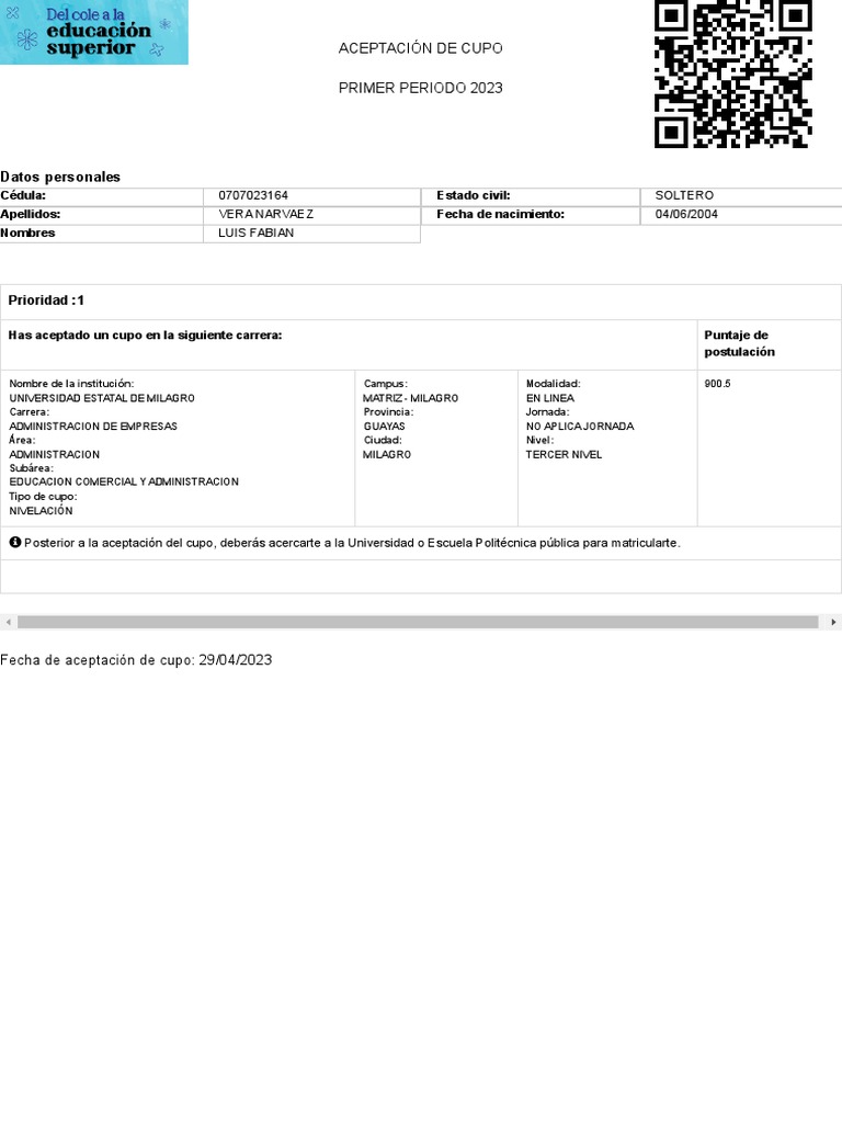 Aceptación de Cupo | PDF