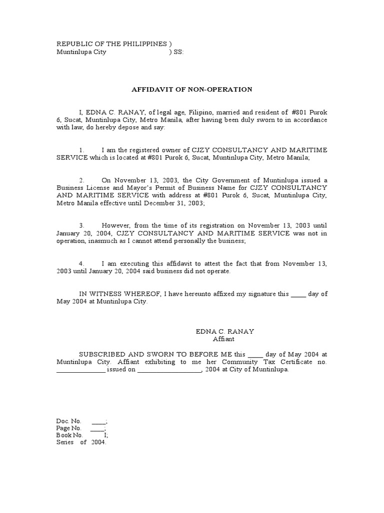 Affidavit of Non-Operation | PDF