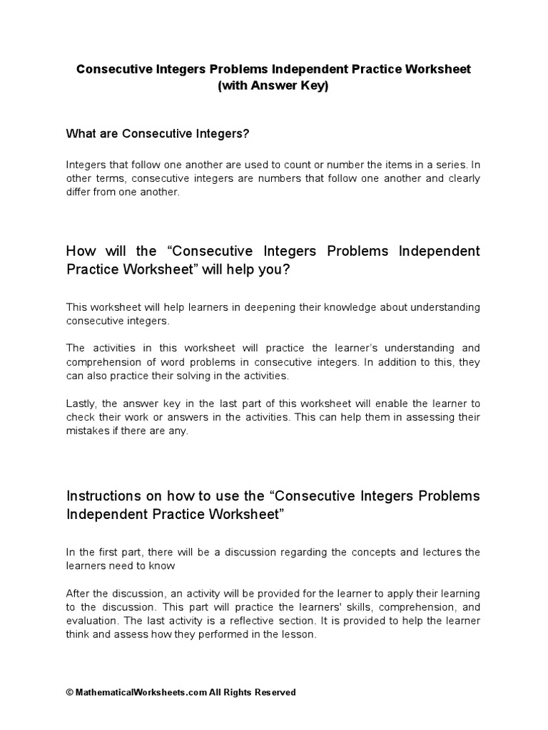 Consecutive Integers Practice Worksheet | PDF
