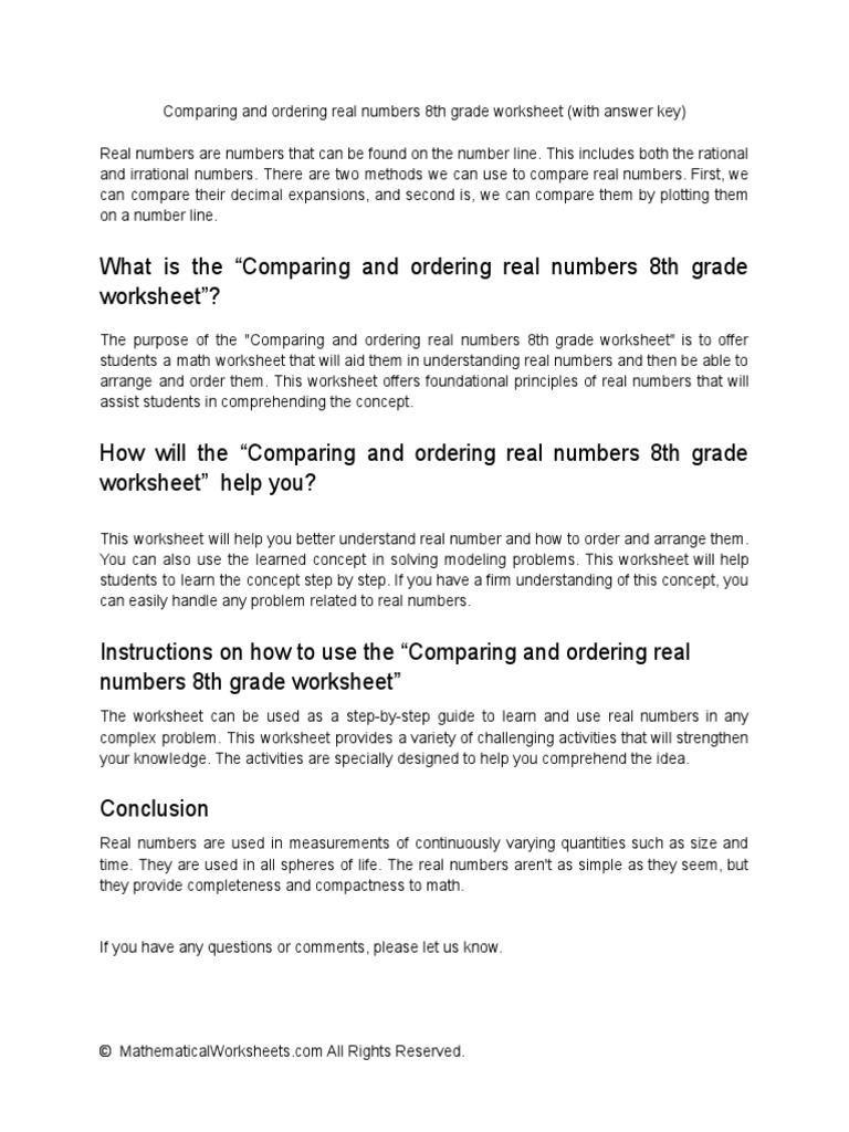 Comparing and Ordering Real Numbers 8th Grade Worksheet | PDF Comparing and Ordering Real Numbers 8th Grade Worksheet | PDF