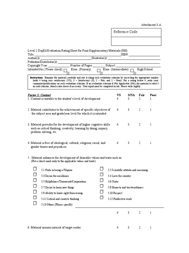 Level 2 DepEd Evaluation Rating Sheet For Print Supplementary Materials ...