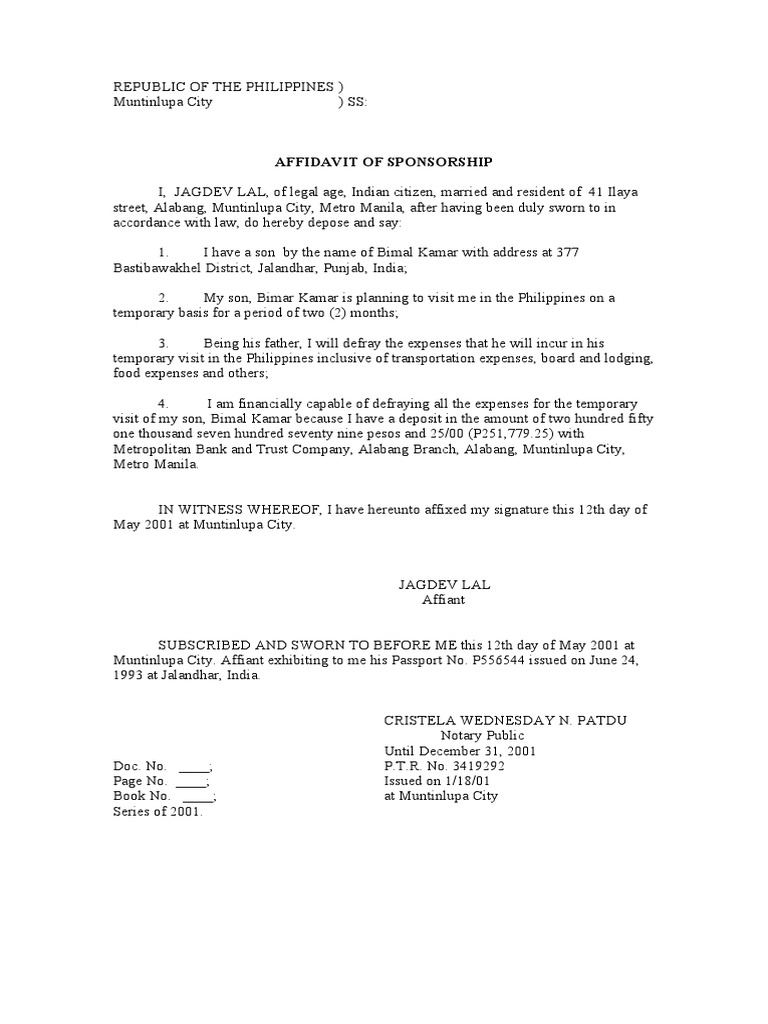 Affidavit of Sponsorship | PDF