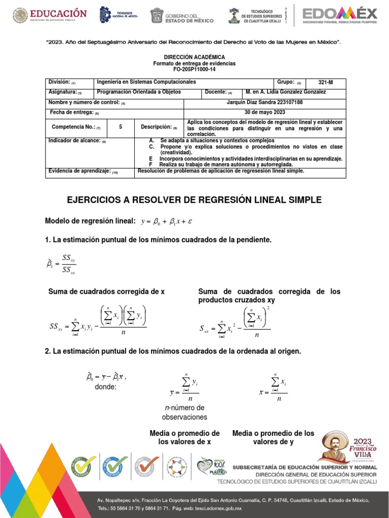 Ejercicios Regresión Lineal | PDF | Regresión lineal | Mínimos cuadrados
