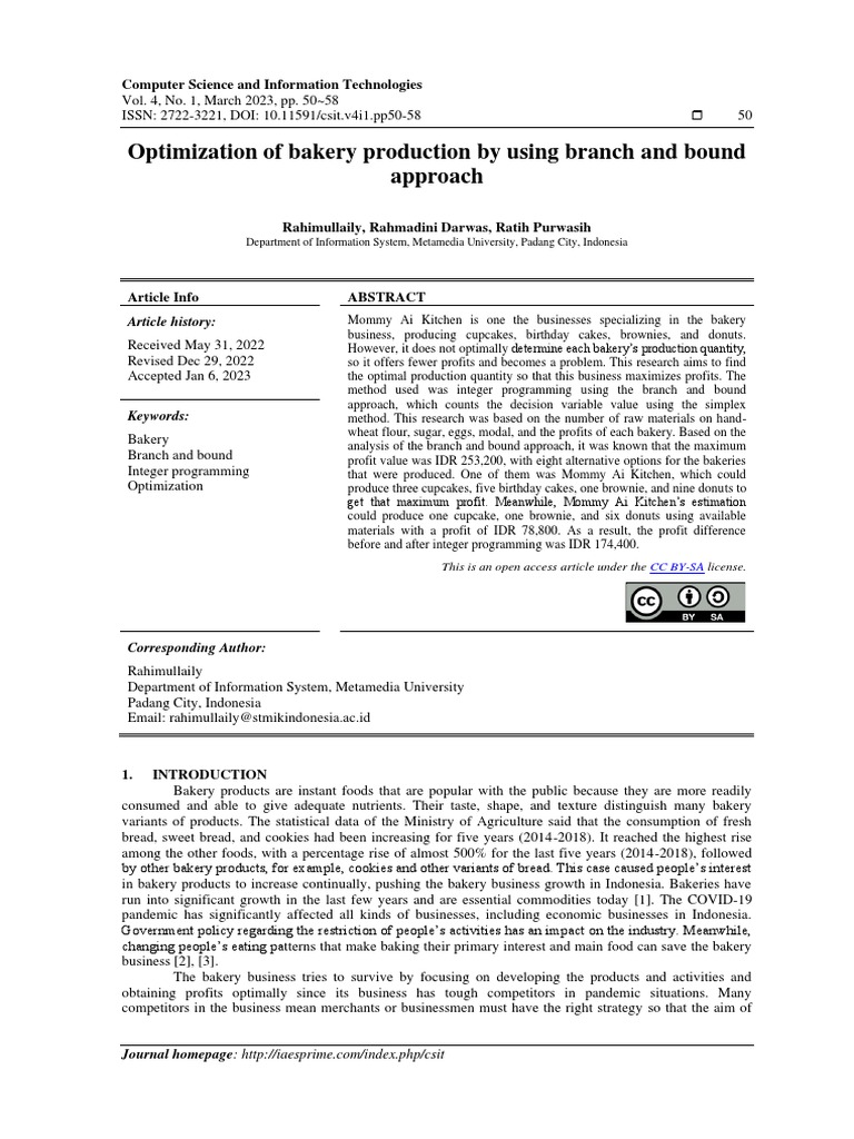 Optimization of Bakery Production by Using Branch and Bound Approach | PDF