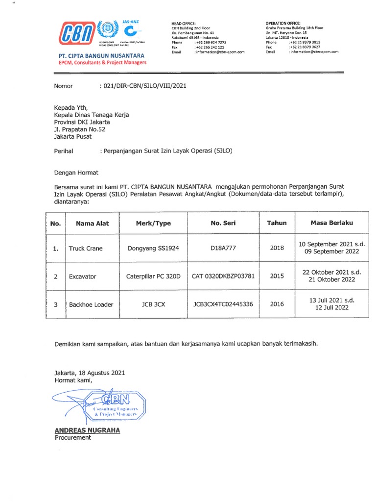 Surat Permohonan Perpanjangan SILO Alat Berat 2021 Rev.01 | PDF
