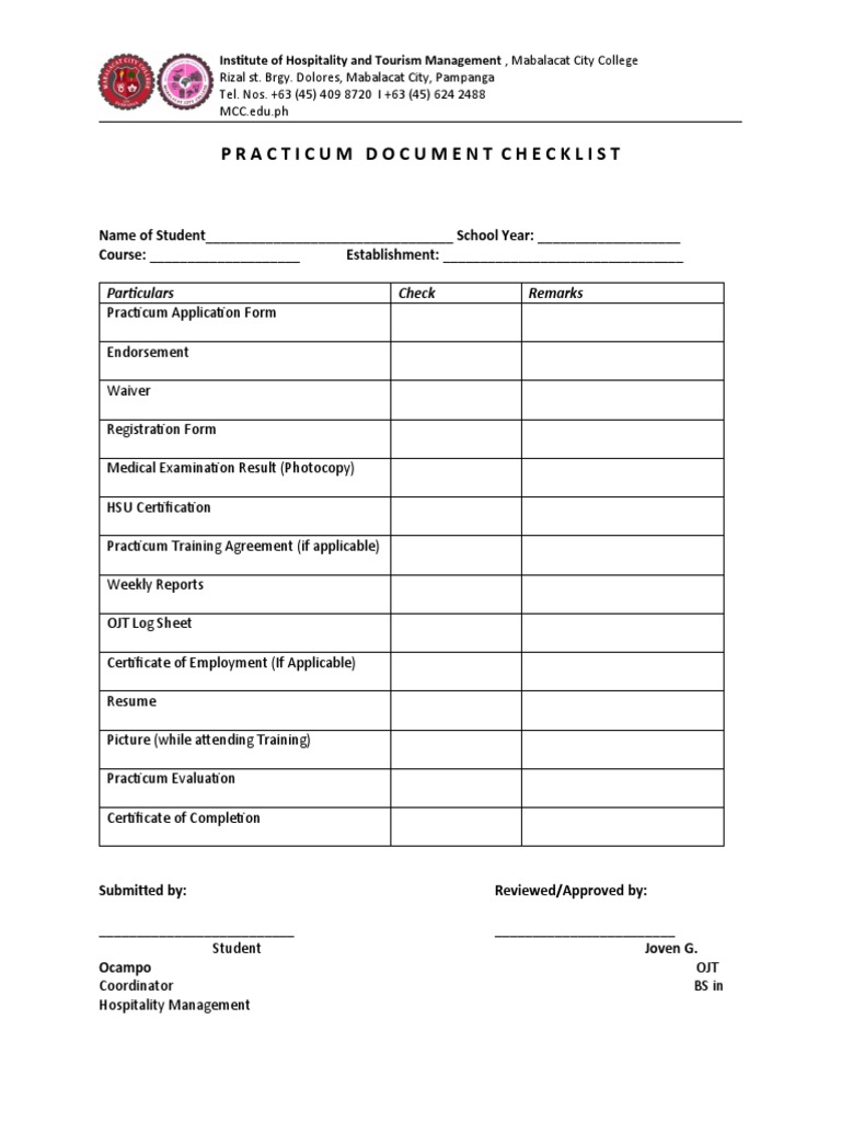 Practicum Checklist for Hospitality Students | PDF