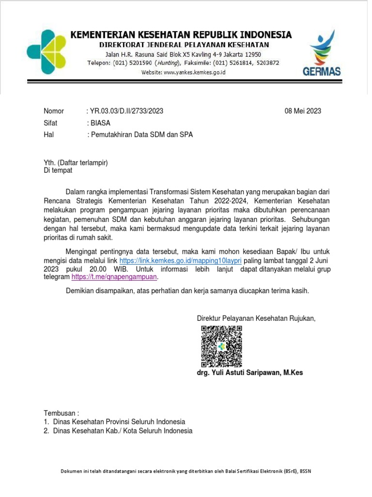 Surat Pemutakhiran Data SDM Dan SPA Rumah Sakit Pengampuan - Rev | PDF