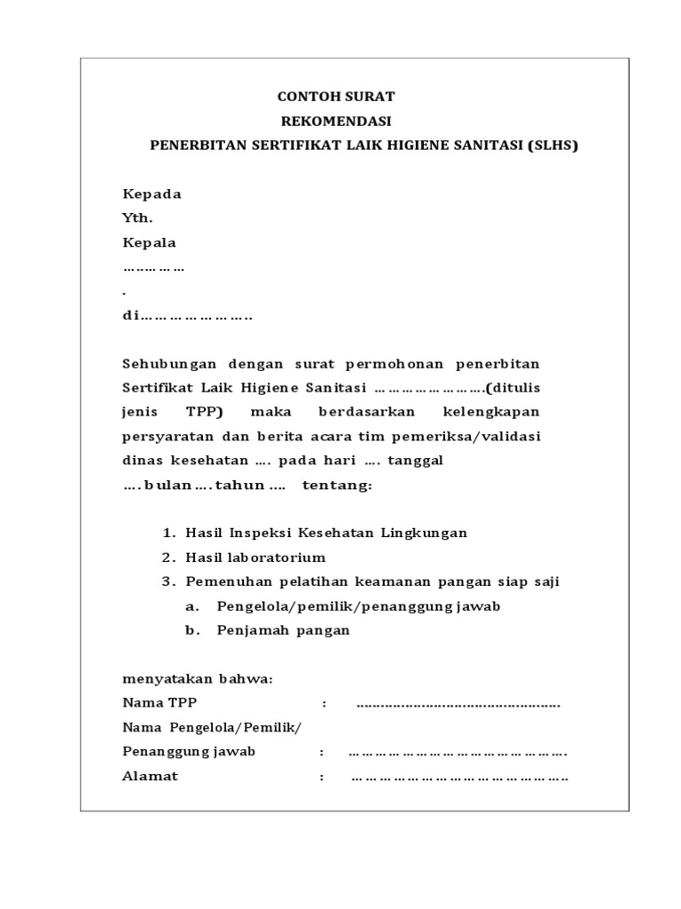 CONTOH SURAT REKOMENDASI PENERBITAN SERTIFIKAT LAIK HIGIENE SANITASI ...