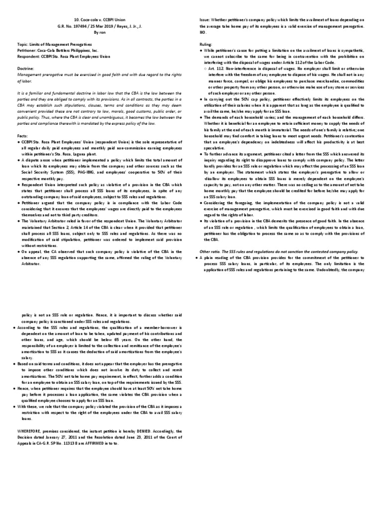 Coca Cola V Ccbpi Union Pdf Employment Loans