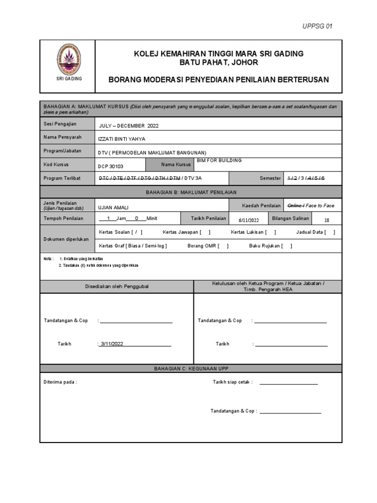 Borang Moderasi Penilaian Berterusan - Uppsg01 | PDF