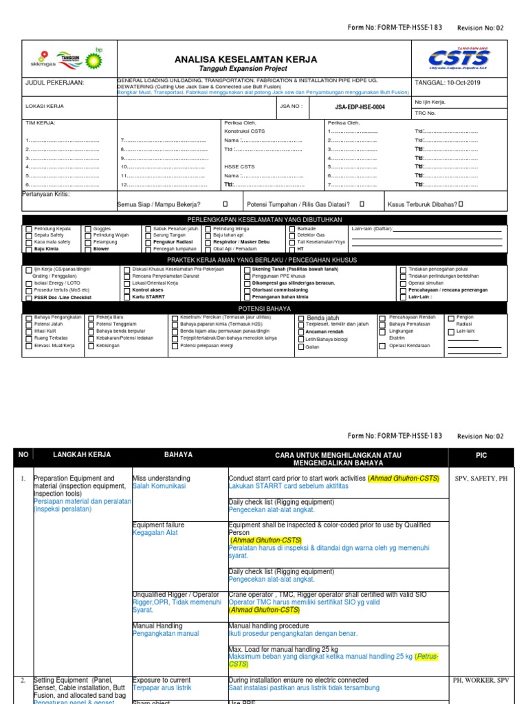 4 - JSA Installation HDPE PIPE UG 311019 | PDF