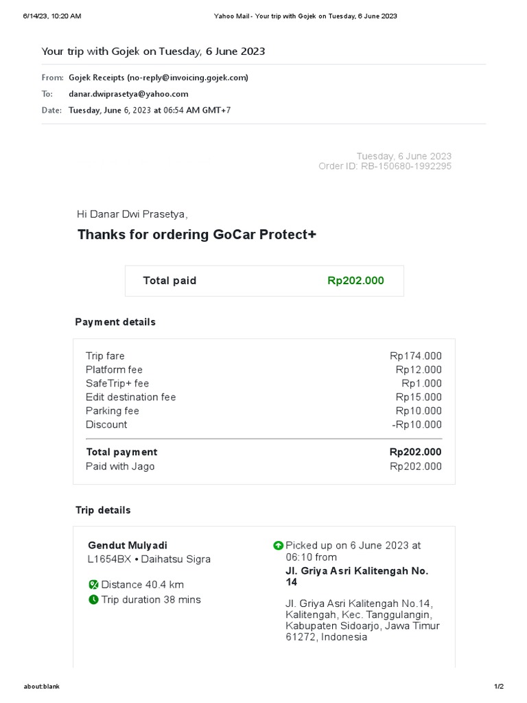 Gojek Trip Receipt - June 6, 2023 | PDF