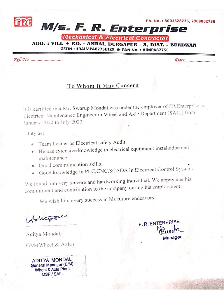 Experience certificate Electrical | PDF