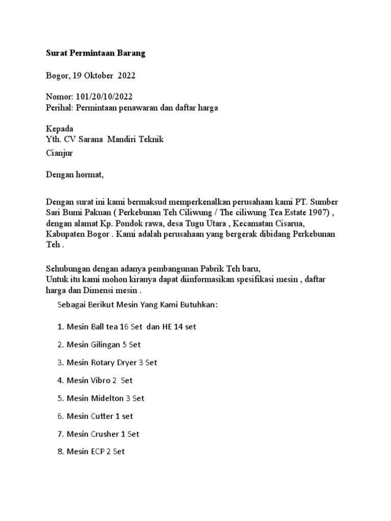 Contoh Surat Permintaan Barang | PDF