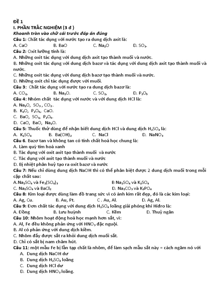 Đề hóa 9 HK1 CÓ da | PDF