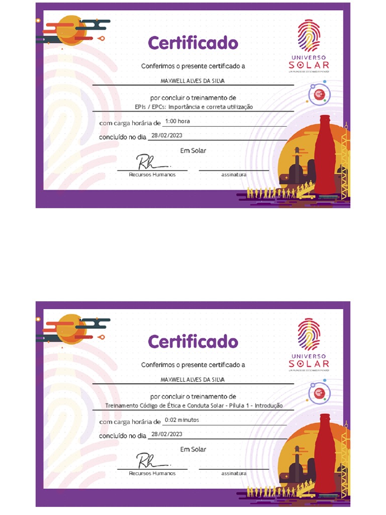 Certificado Epi's e Epc's, Codigo de Etica e Conduta Solar | PDF ...