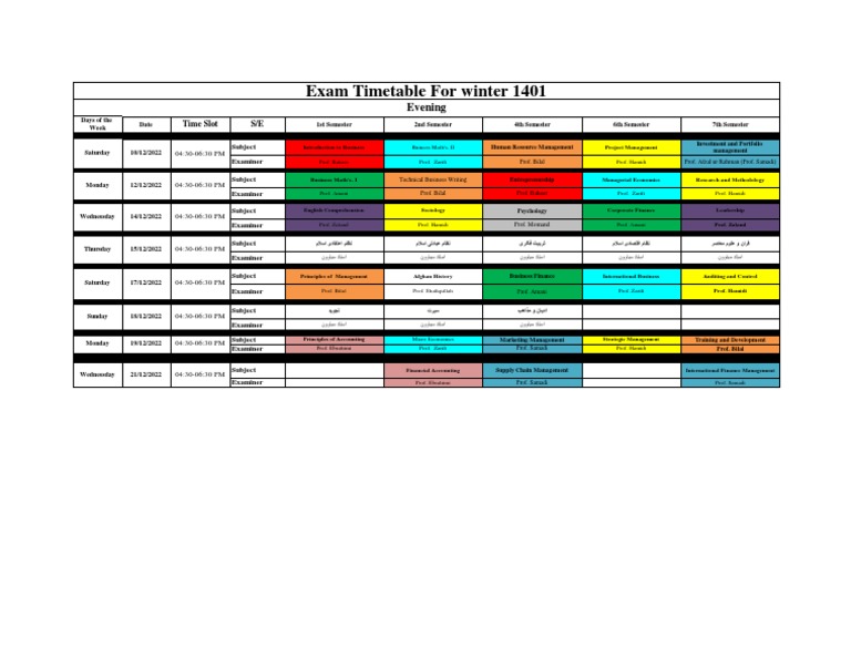 Final Exam Timetable for Evening | PDF