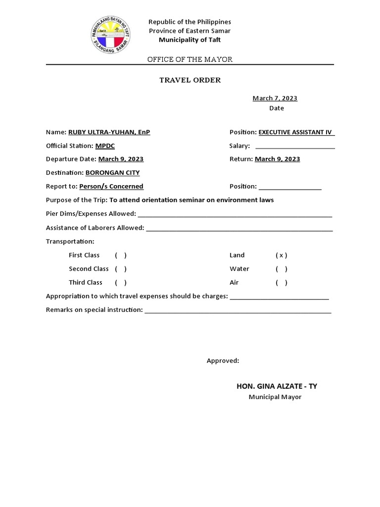 Travel Order Khyle Amancio Ty | PDF