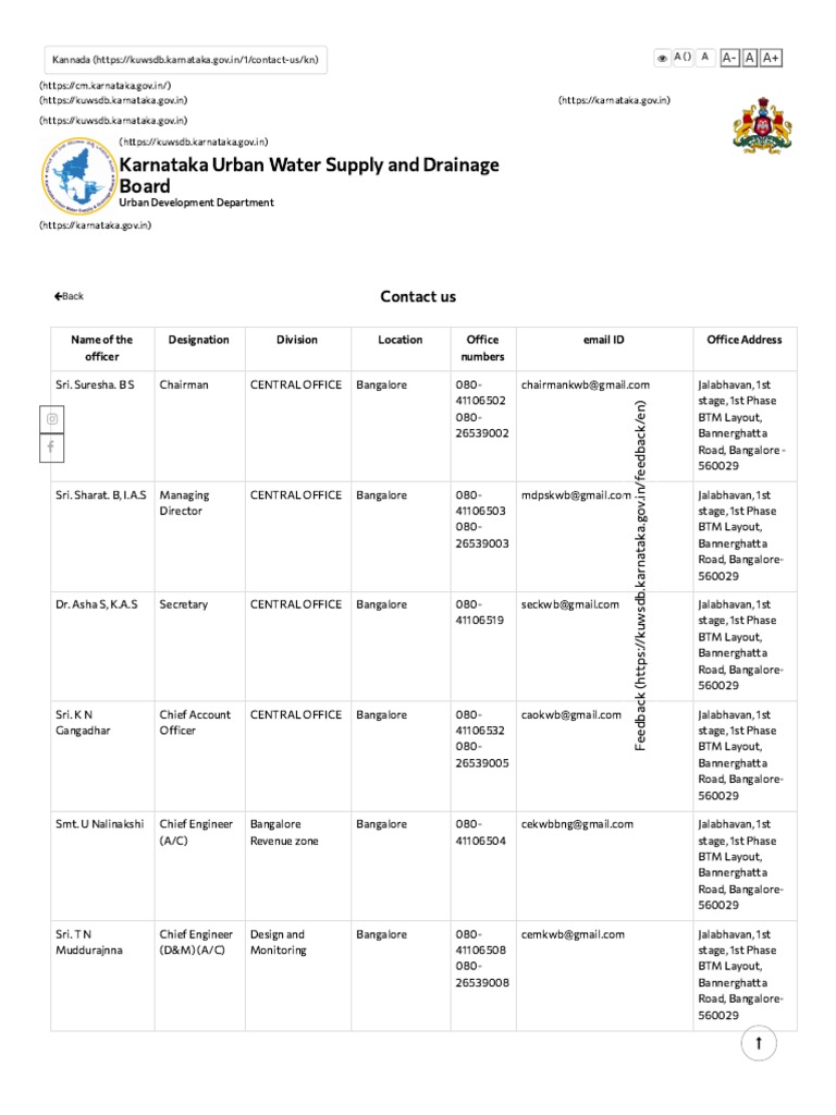 Karnataka Urban Water Supply and Drainage Board - Contact-Us | PDF