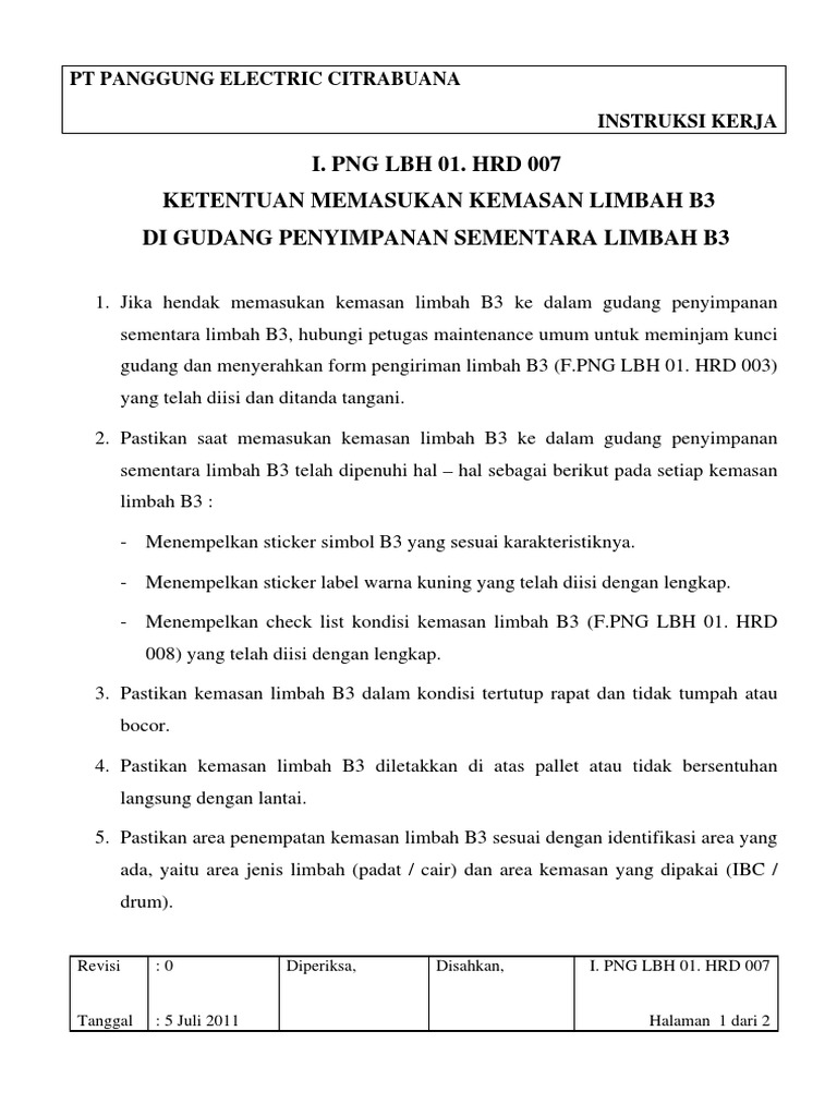 I.-PNG-LBH-01.-HRD-007-Ketentuan-Memasukan-Kemasan-Limbah-B3-R0 | PDF