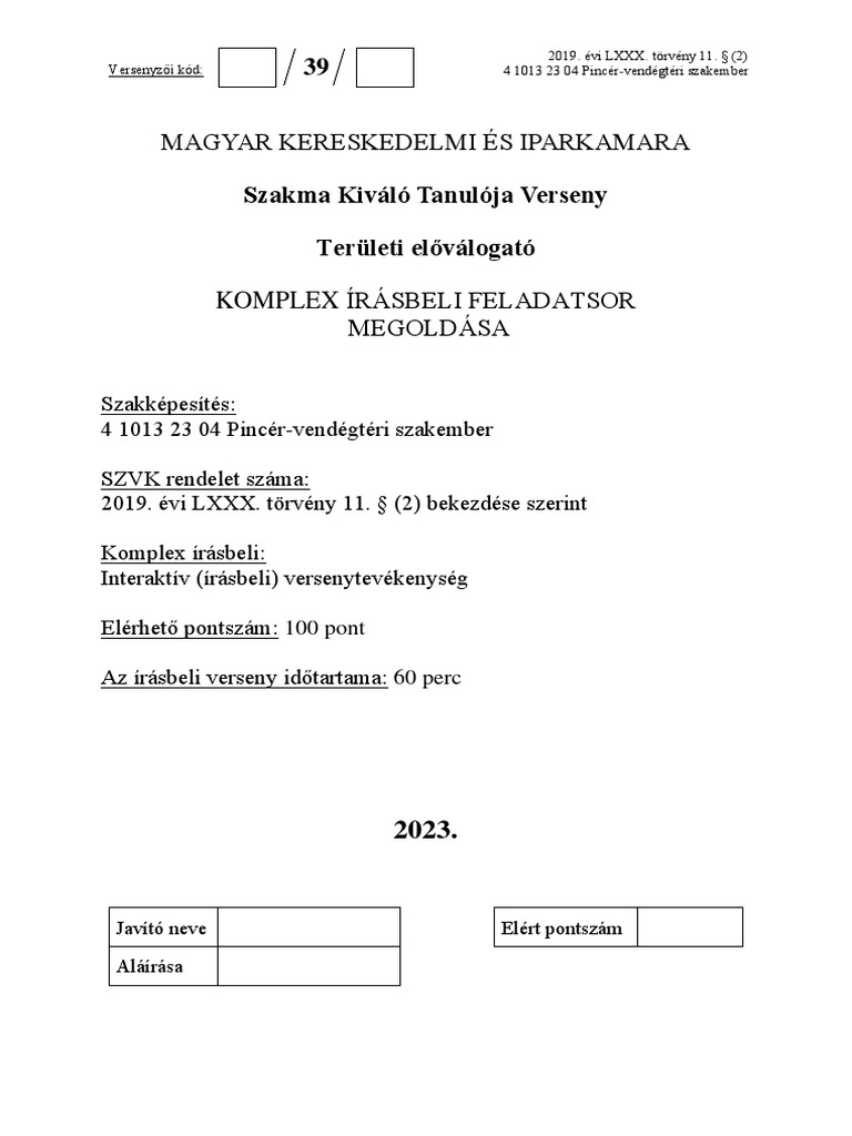 Pincer-Vendegteri-Szakember - Megoldas - 2023 SZKTV | PDF