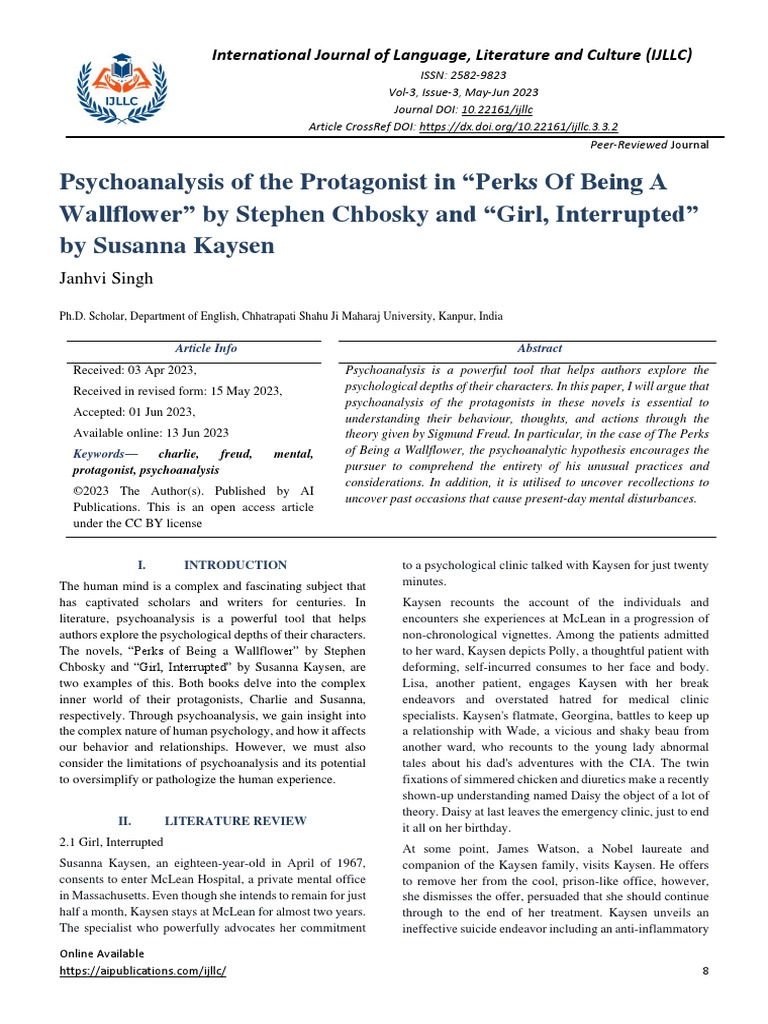 Psychoanalysis of The Protagonist in "Perks of Being A Wallflower" by Stephen Chbosky and "Girl ...