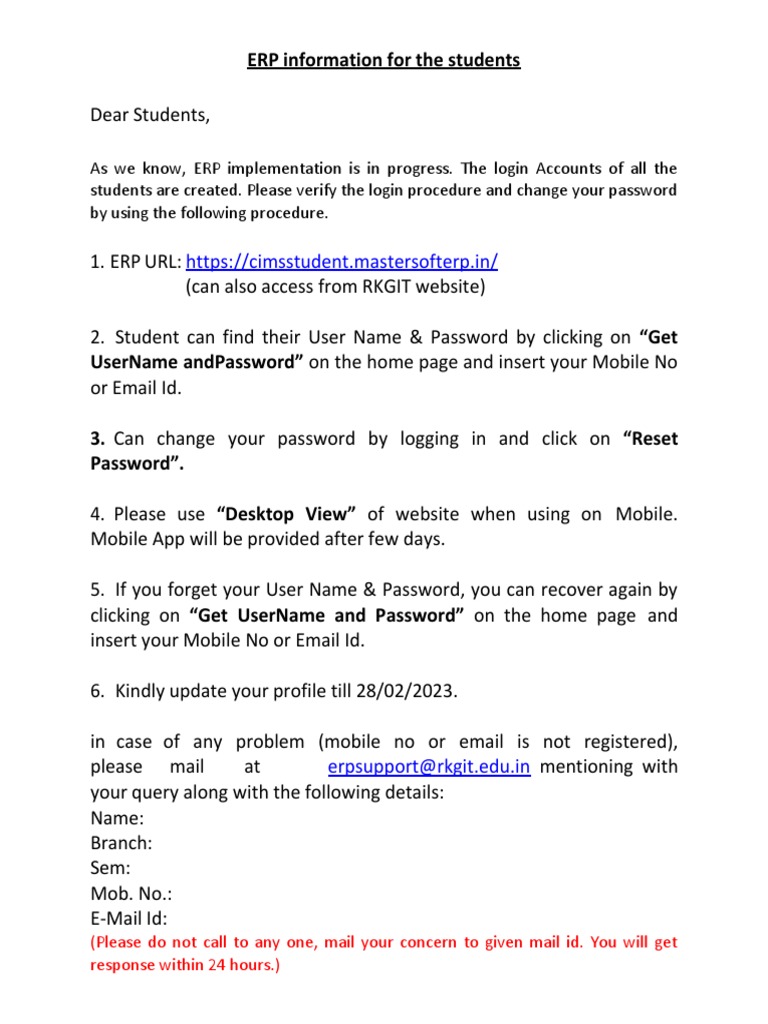 ERP Login Instructions for Students | PDF