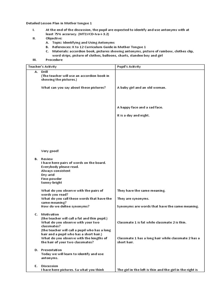 Lesson Plan: Teaching Antonyms in MT1 | PDF