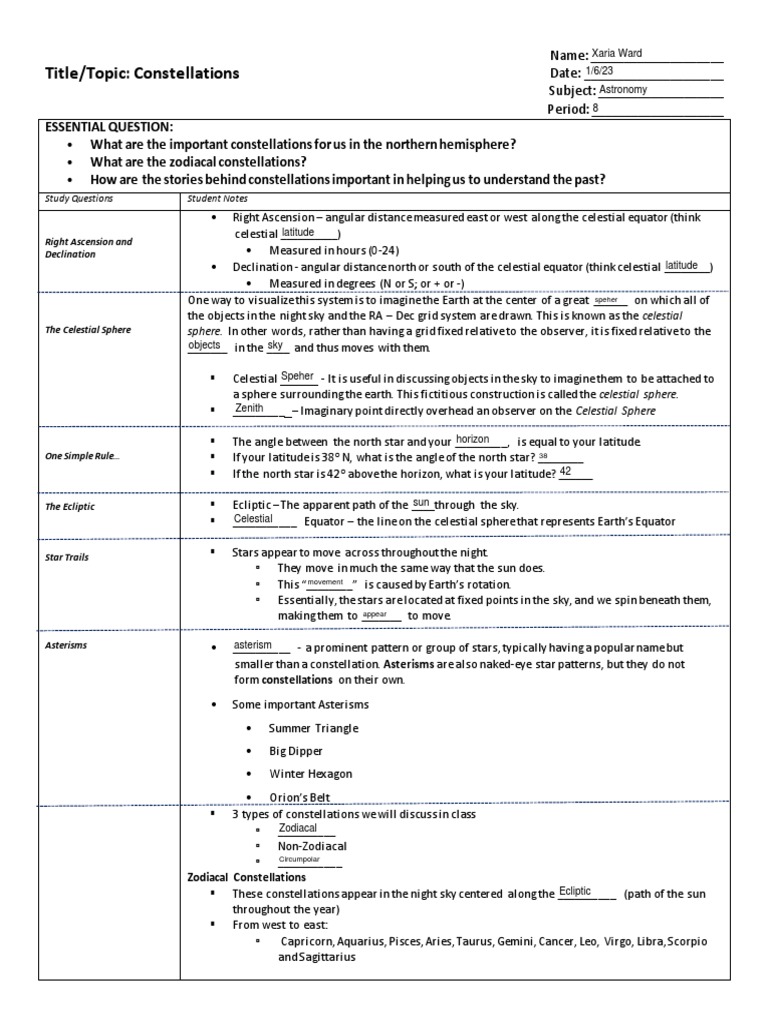 Cornell Notes - Constellations - 2022 - Fillable | PDF