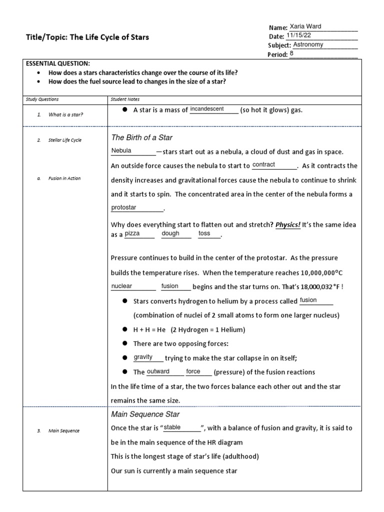 Cornell - Notes - Stellar - Life - Cycle - 2021 - Fillable | PDF
