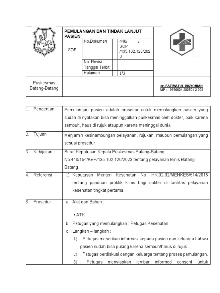Sop Pemulangan Dan Tindak Lanjut Pasien | PDF