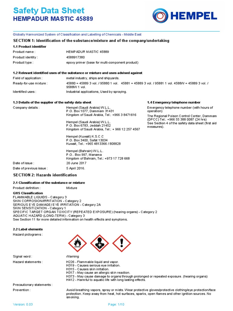 Safety Data Sheet: Hempadur Mastic 45889 | PDF