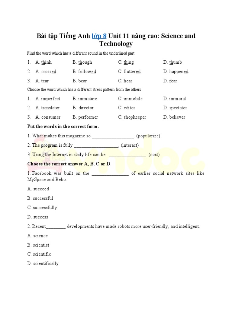Bai Tap Tieng Anh Lop 8 Unit 11 Nang Cao Science and Technology | PDF