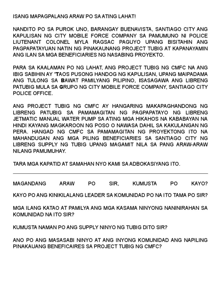 Project Tubig Documentary Script in Barangay Buenavista | PDF | Technology & Engineering