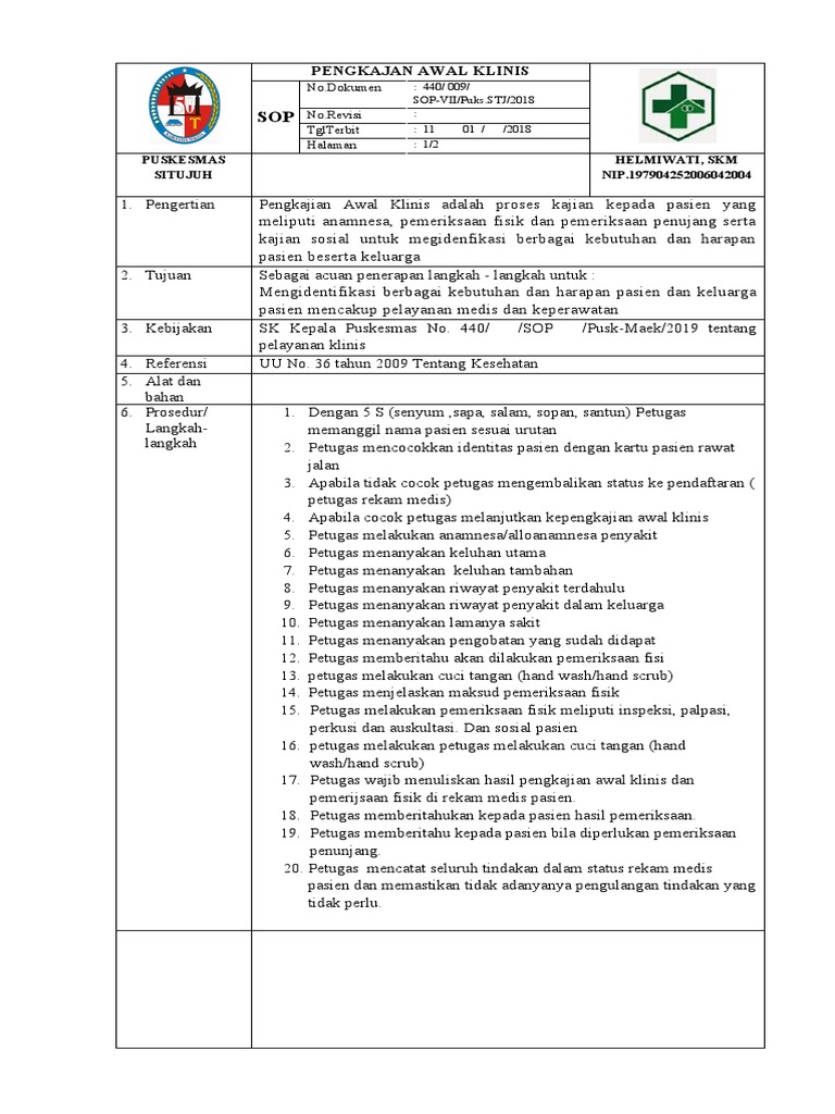 SOP Pengkajian Awal Klinis | PDF