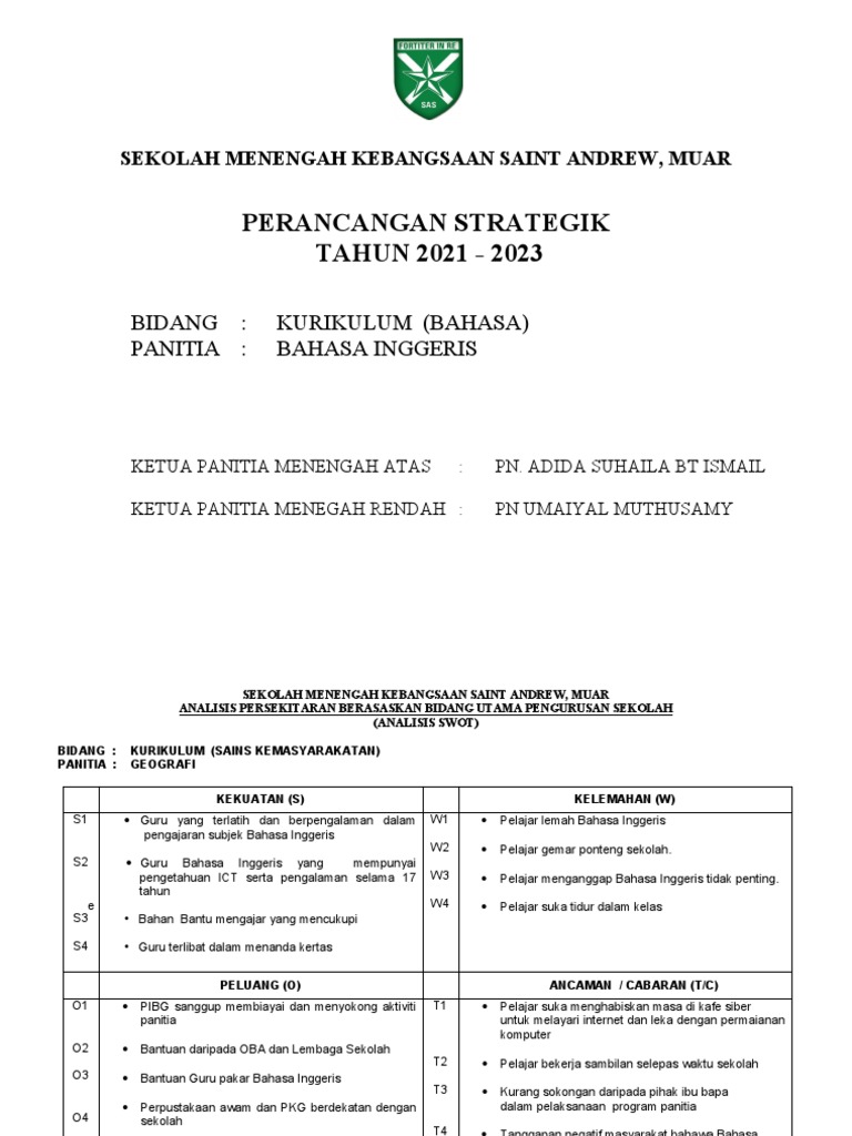 Pelan Strategik Bahasa Inggeris 2021-2023 | PDF