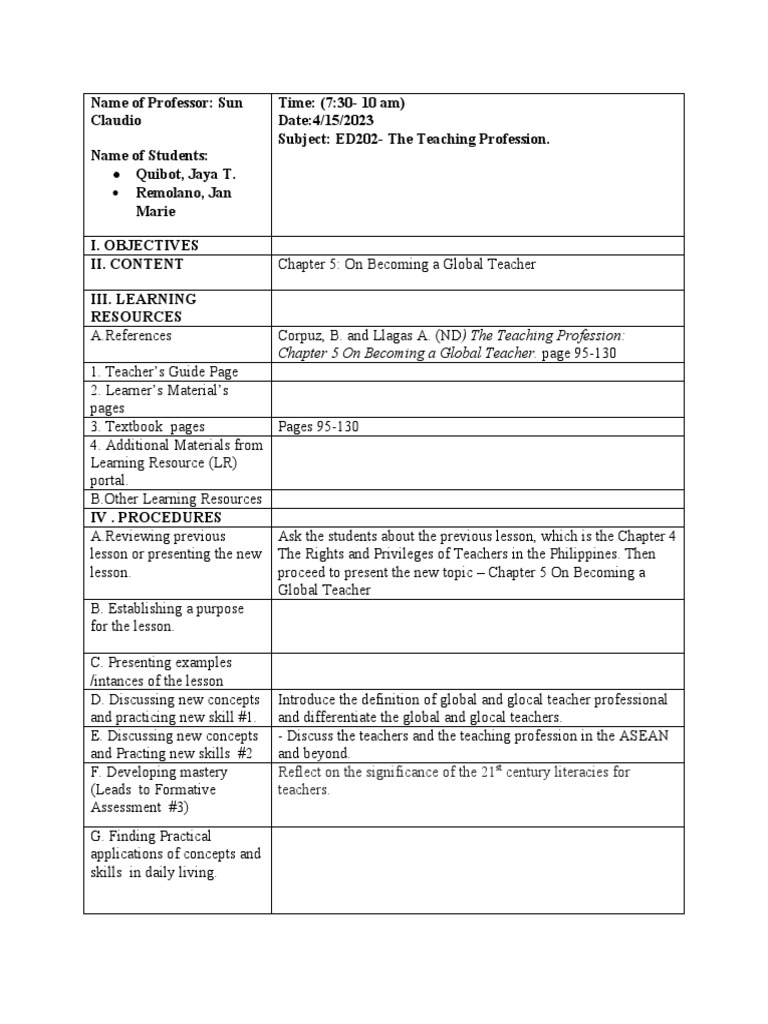 Lesson Plan: Becoming a Global Teacher | PDF | Teachers | Learning