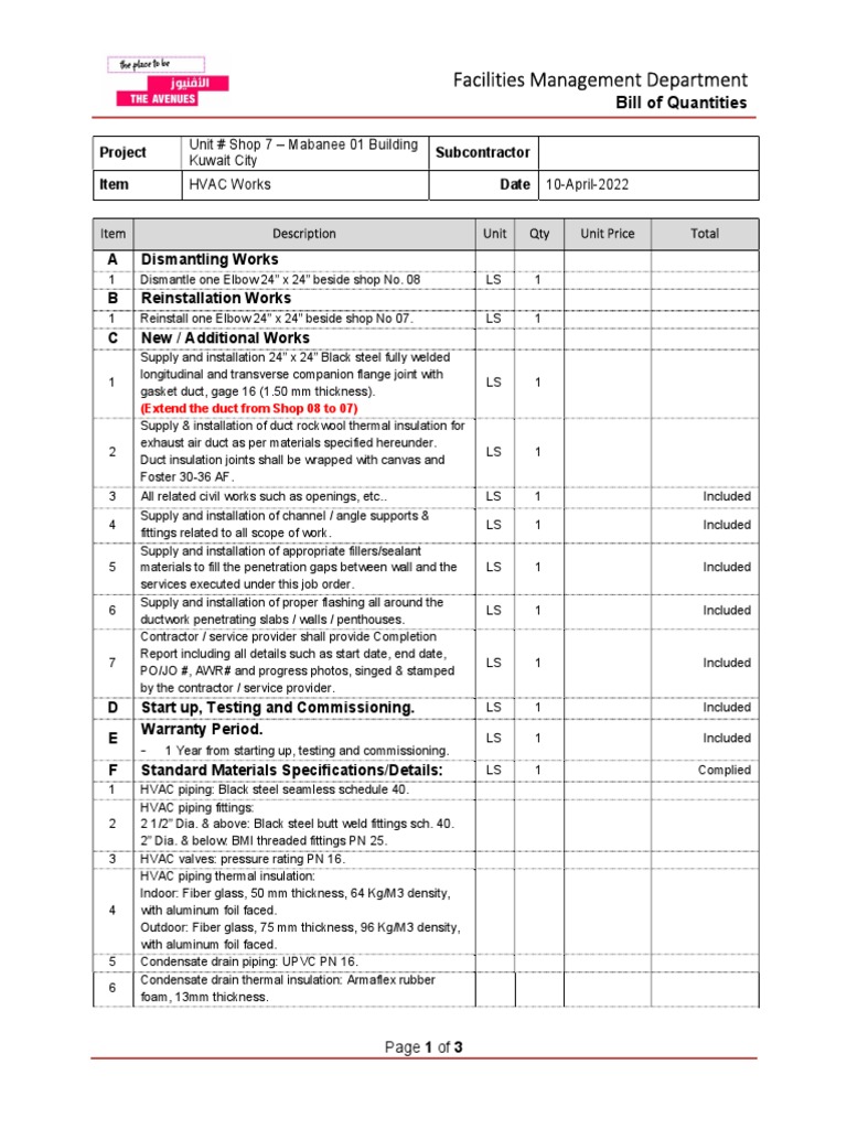 HVAC BOQ - Mabanee 01 - Shop 08 | PDF | Duct (Flow) | Building Materials