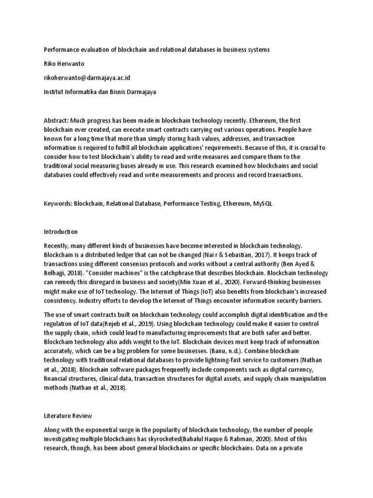 Performance Evaluation of Blockchain and Relational Databases in Business Systems | PDF | Computers