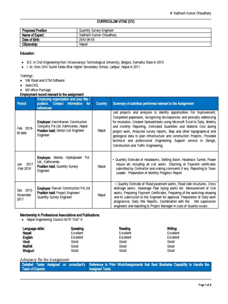 Subhash Kumar Chaudhary-CV | PDF | Civil Engineering | Engineering