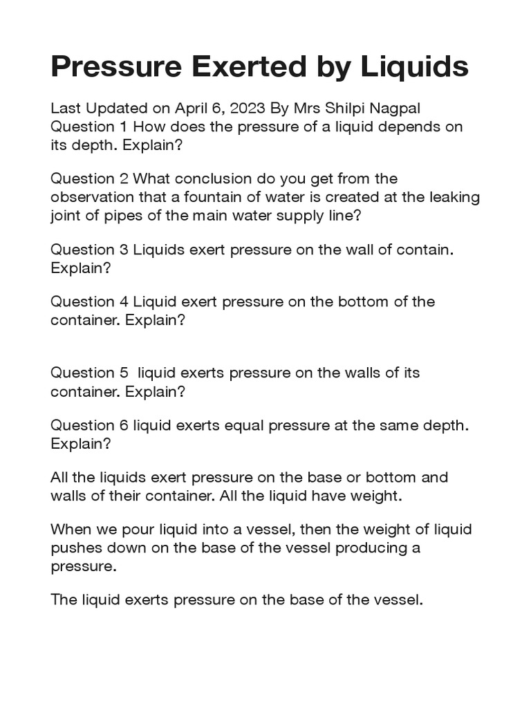 Preasure Exerted by Liquids Class Notes PDF by Sahaj Ahuja | PDF ...