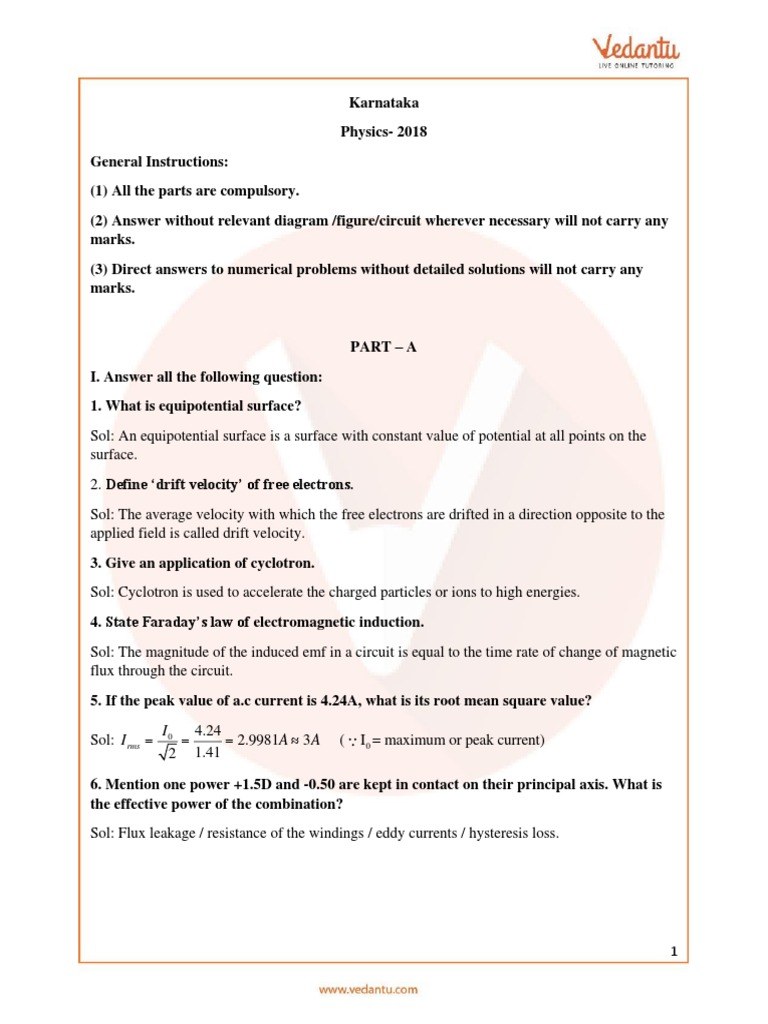 Karnataka PUC Board (KSEEB) Physics Class 12 Question Paper 2018-1 ...