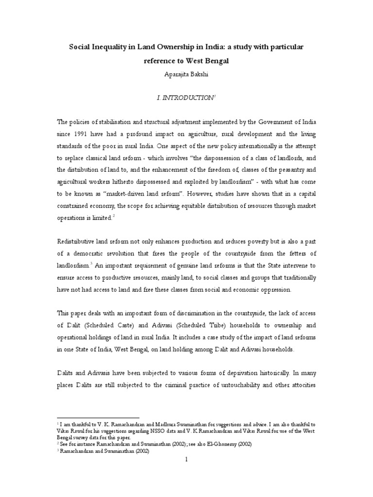 Bakshi A 2008 Social Inequality In Land Ownership In India A Study