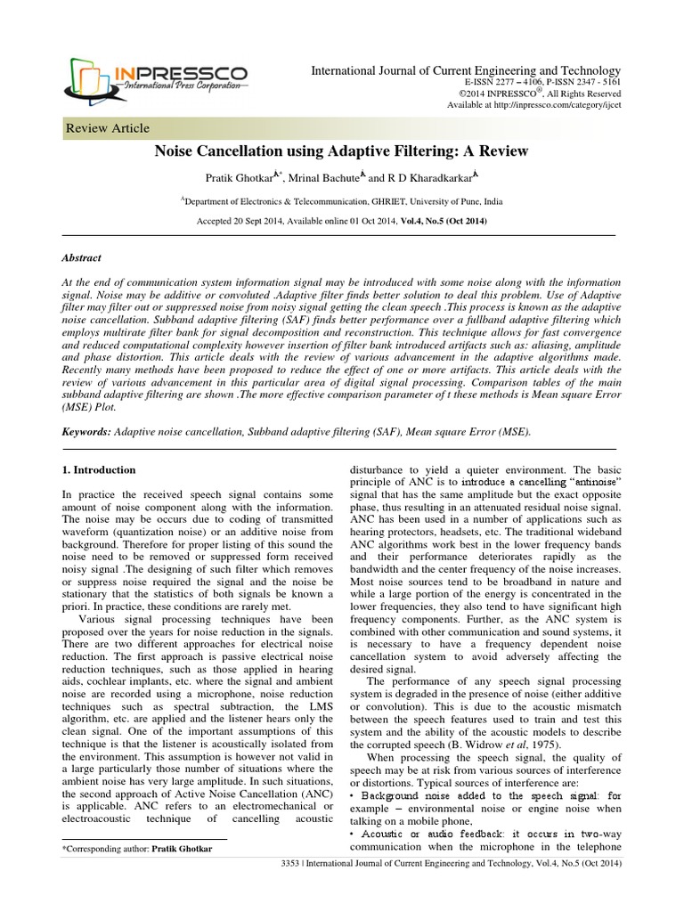 Noise Cancellation Using Adaptive Filtering | PDF | Filter (Signal Processing) | Discrete ...