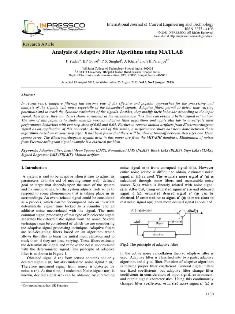 Adaptive Filtering Using Matlab Pdf Mean Squared Error Computer