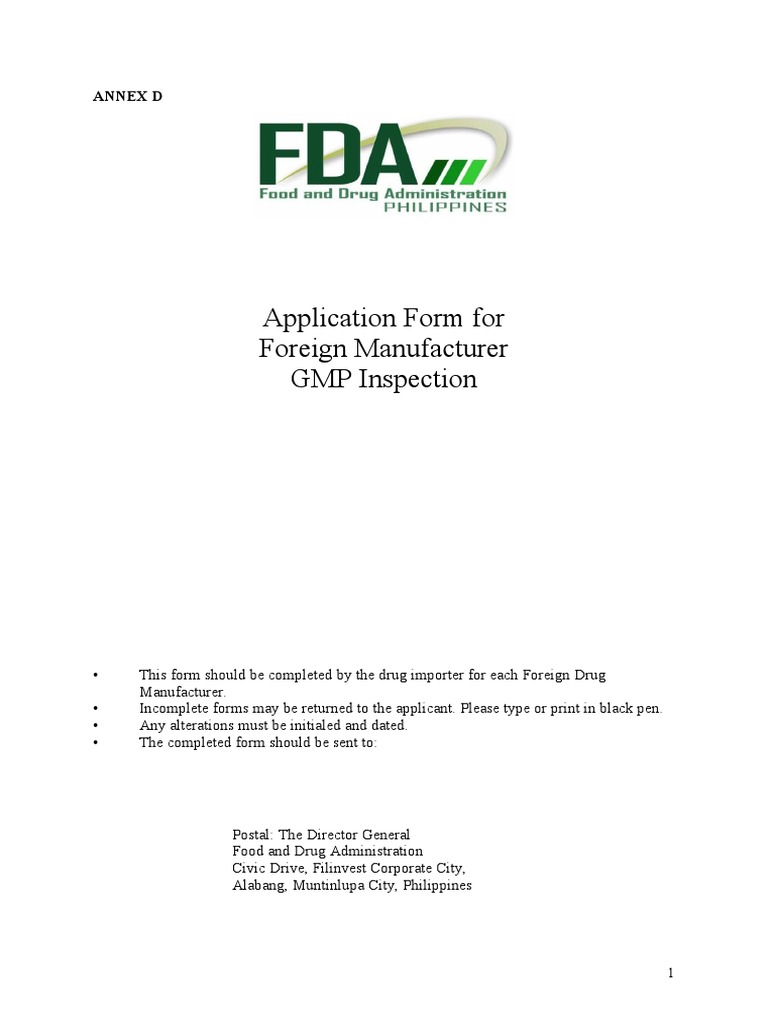 Annex D Application Form For Foreign Manufacturer GMP Inspection | PDF ...