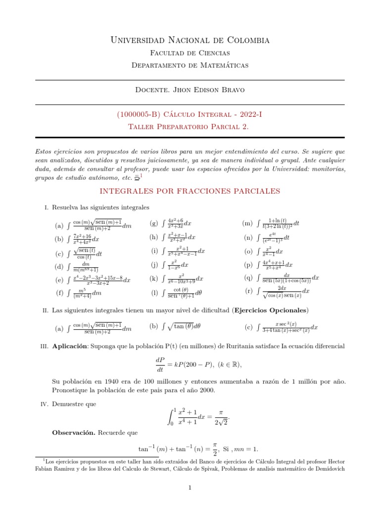 Segundo Taller Preparatorio C Lculo Integral Parcial 2 | PDF